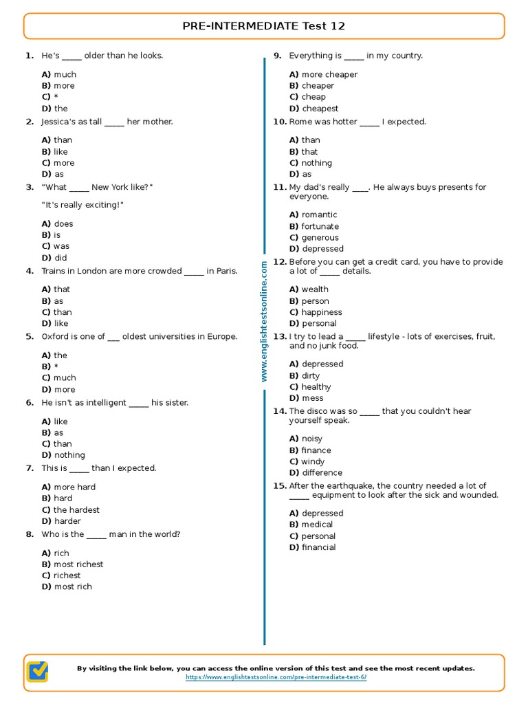 Pre-Intermediate English Test 12 | PDF