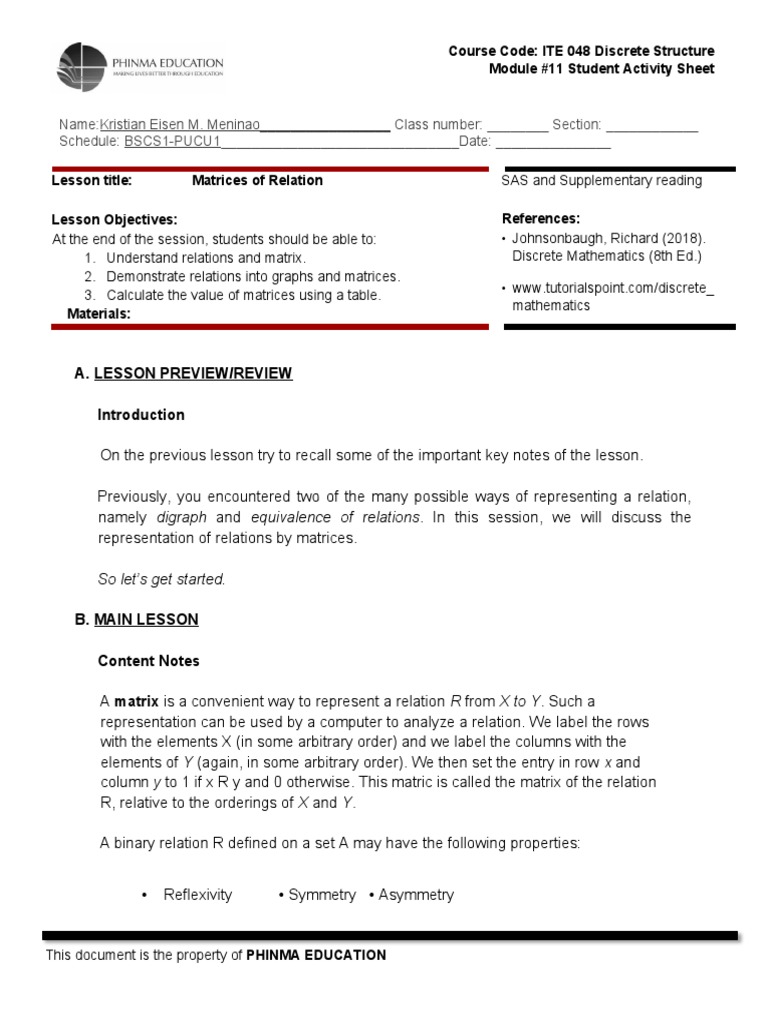 Matrices of Binary Relations | PDF | Matrix (Mathematics ...