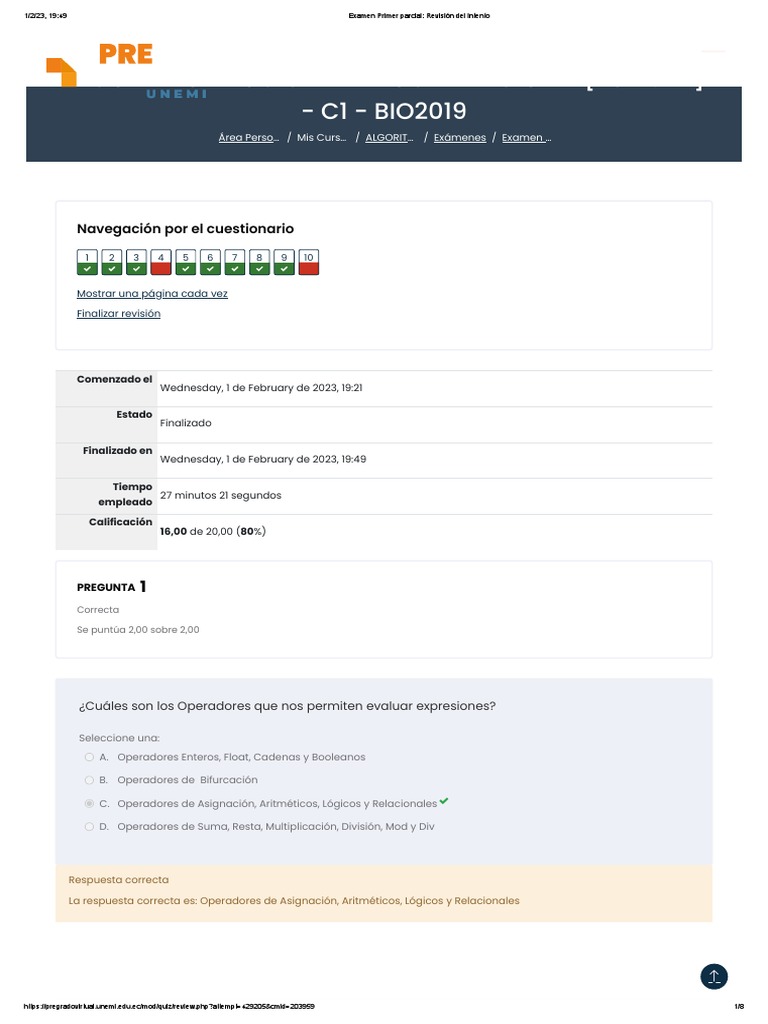 Examen Primer Parcial Revisión Del Intento Algoritmo Pdf Algoritmos Ingeniería De Software