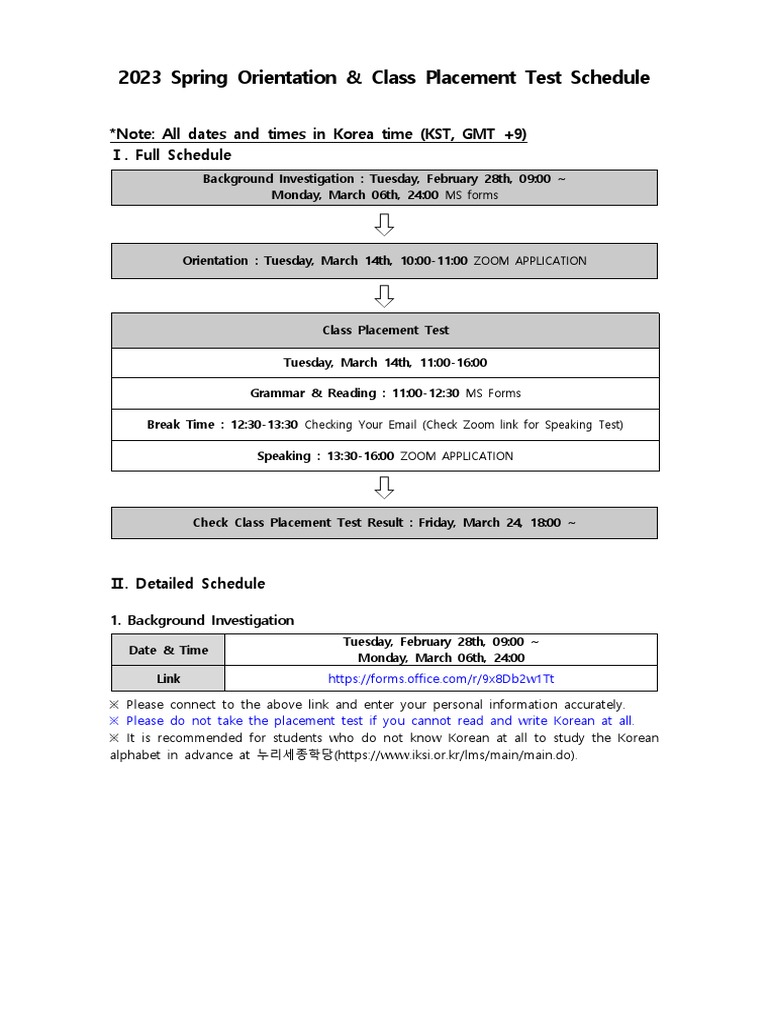 Spring Class Placement Test Schedule | PDF | Korean Language | Linguistics
