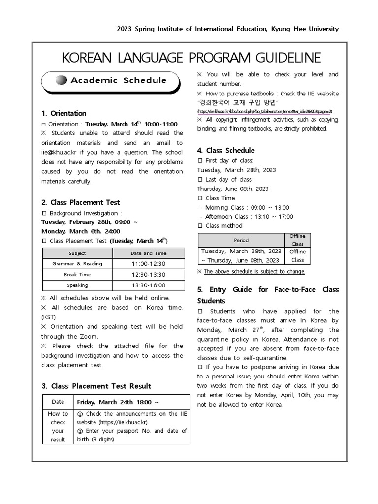 (2023 Spring) Korean Language Program Guideline | PDF | Travel Visa