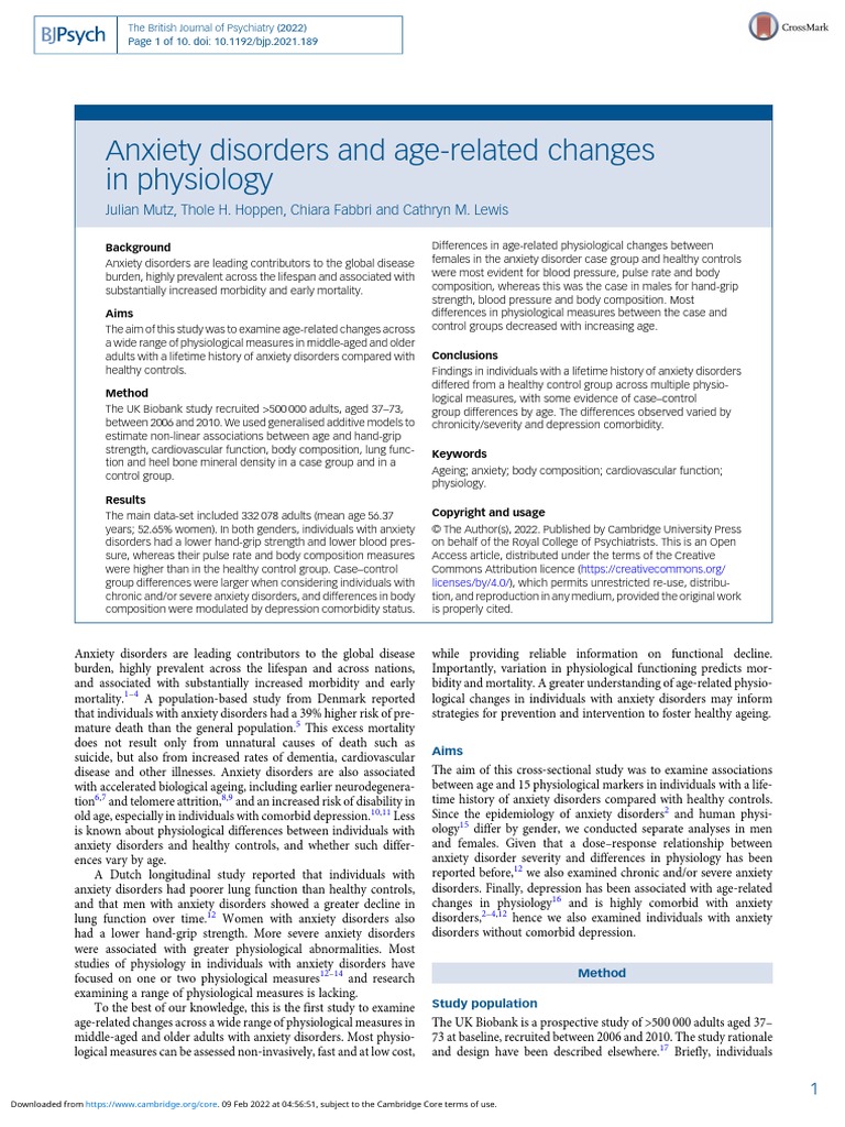 Anxiety Disorders and Age Related Changes in Physiology PDF | PDF