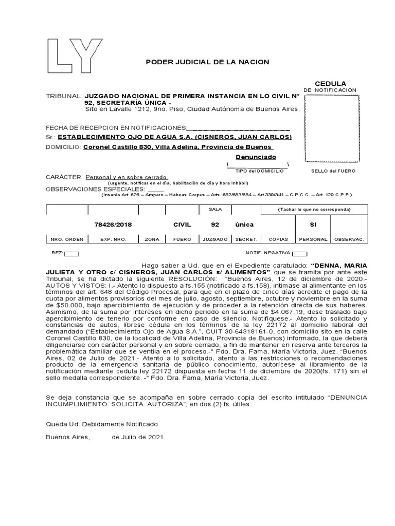 Cedula Ley 22.172. Denna | PDF | Justicia | Crimen y violencia