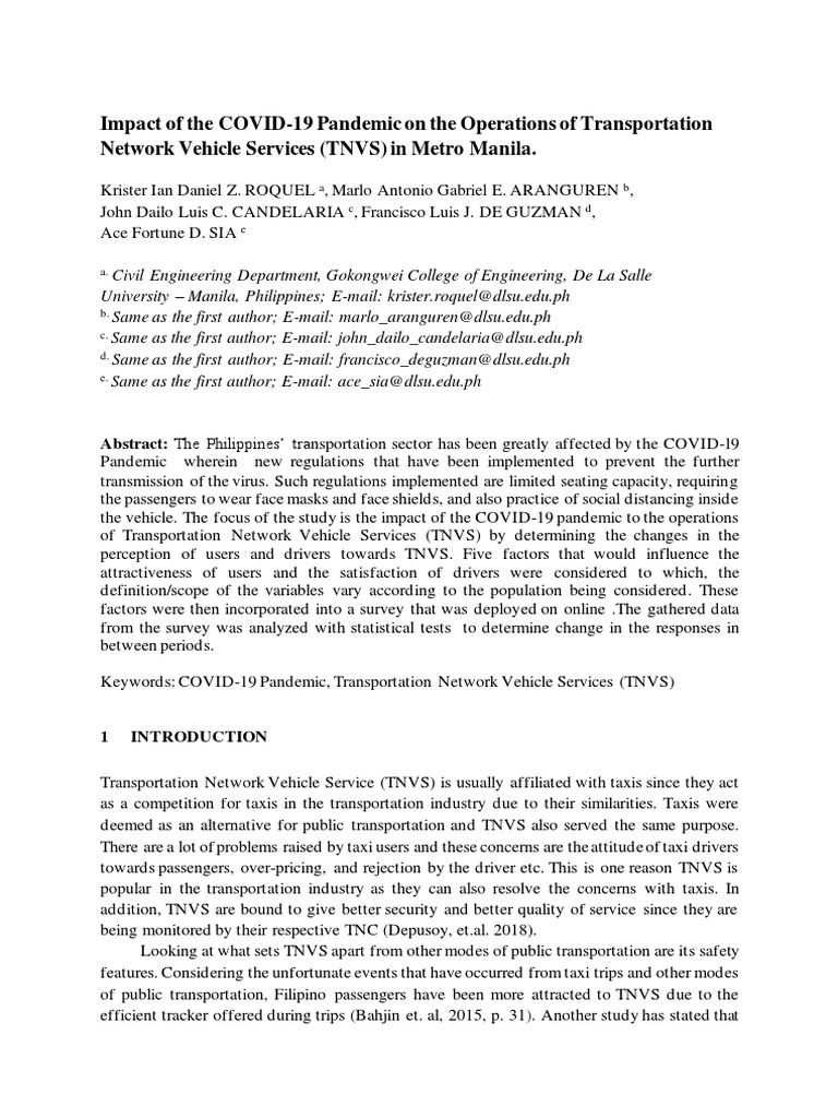 Impact of COVID19 Pandemic To TNVS Operations in NCR | PDF | Survey Methodology | Mann–Whitney U ...
