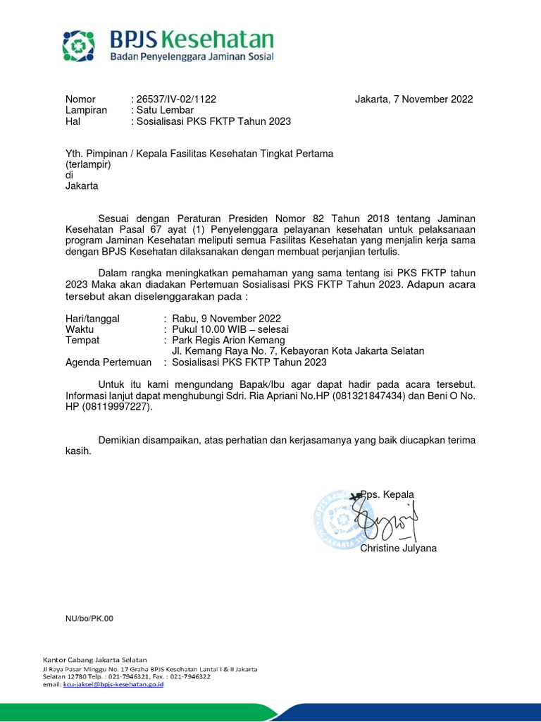 Surat Undangan Sosialisasi PKS Tahun 2023 Offline | PDF | Kesehatan ...