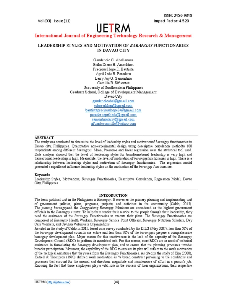 Leadership Styles of Barangay Functionaries | PDF | Leadership ...