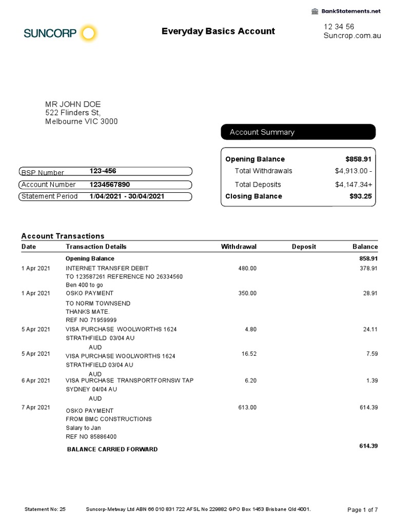Suncorp Everyday Basics Account Statement | PDF | Visa Inc. | Services ...