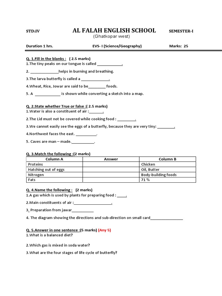 '4th-Evs 1-1st Semester-Question Paper 2021-22 PDF | PDF | Food And ...