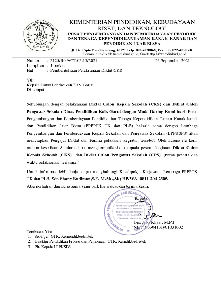 Surat Pemberitahuan Diklat CKS Dan CPS Kab. Garut | PDF