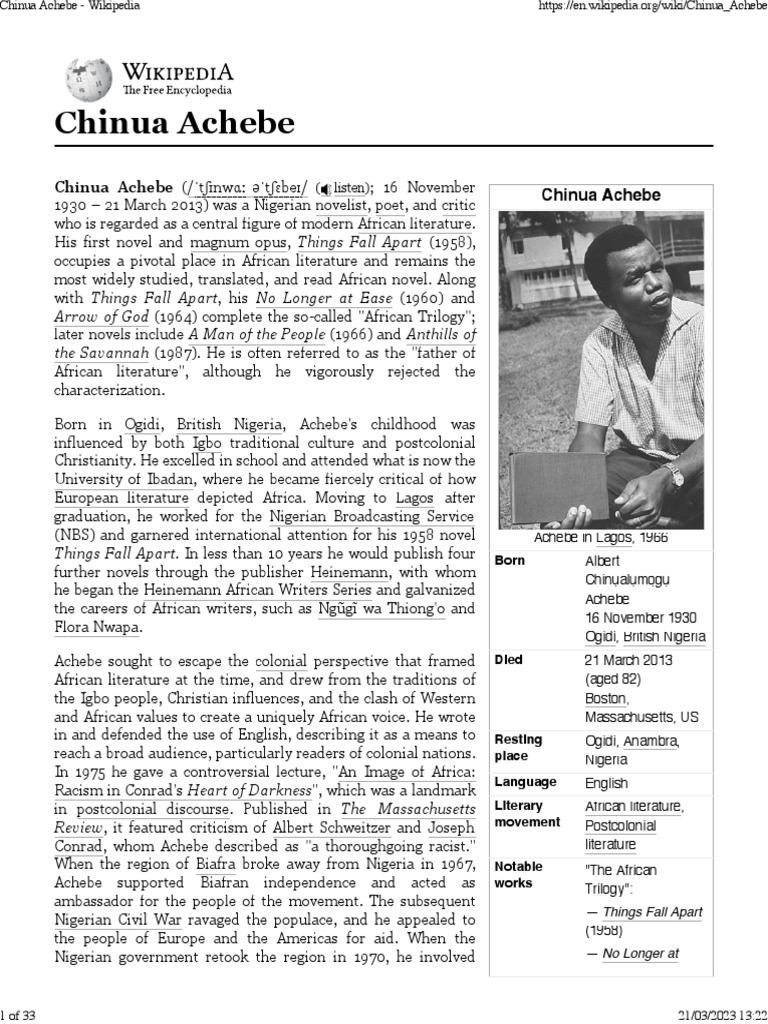 Chinua Achebe: A Brief Biography | PDF | Social Science