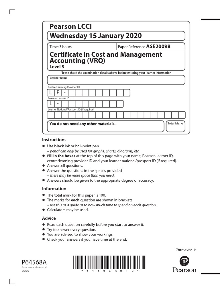 LCCI Level 3 Certificate in Cost and Management Accounting ASE20098 Jan ...