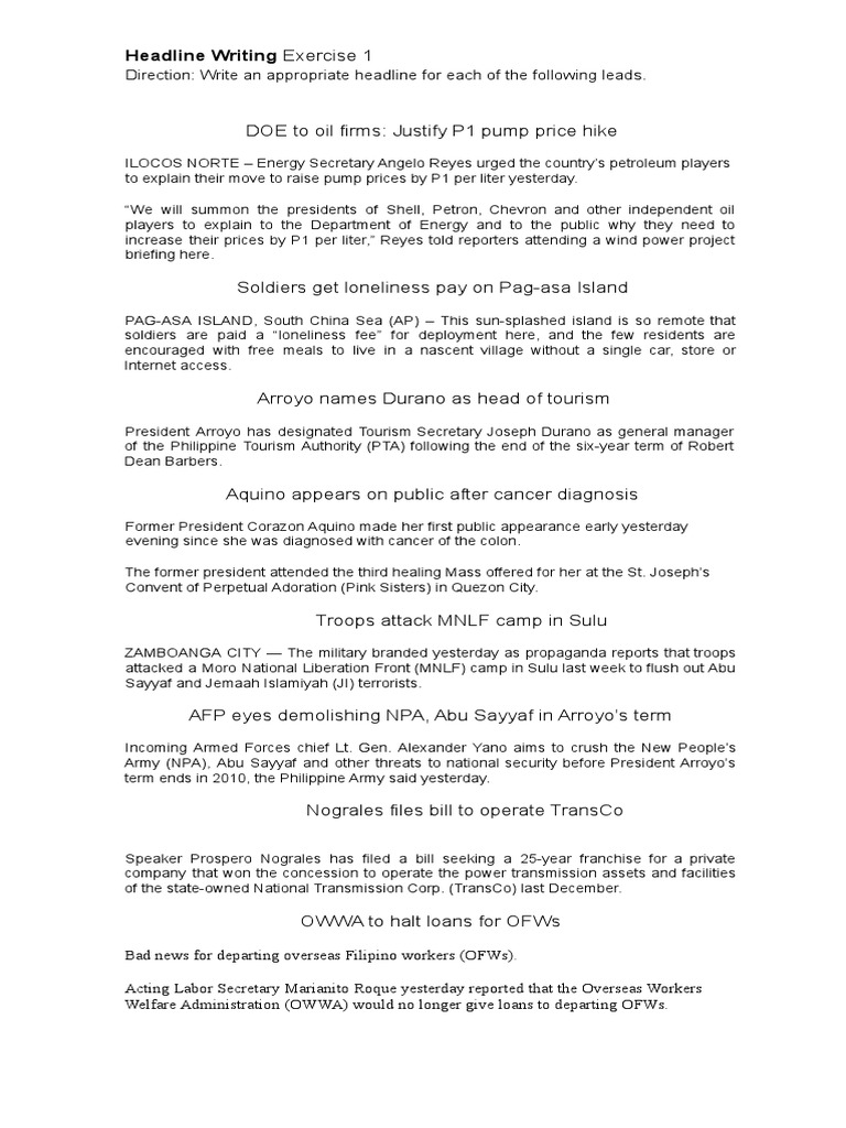 Headline Writing 8 | PDF | Philippines | Corazon Aquino