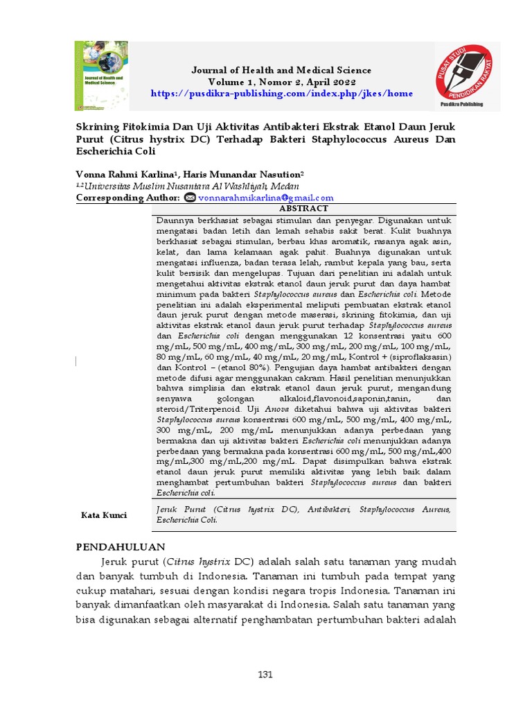 Skrining Fitokimia dan Uji Aktivitas Antibakteri Ekstrak Etanol Daun Jeruk Purut (Citrus hystrix ...