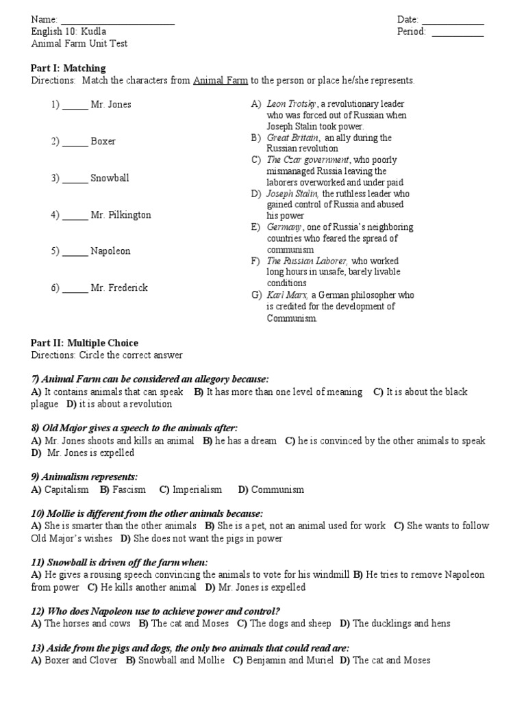 Animal Farm Unit Test | PDF