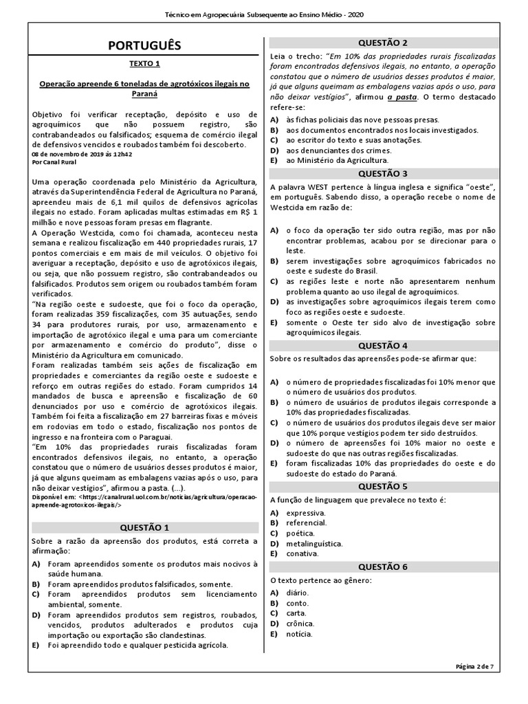 Caderno de Provas - EAGRO - Subsequente 2020 | PDF