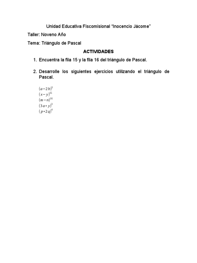 Taller Triángulo de Pascal | PDF