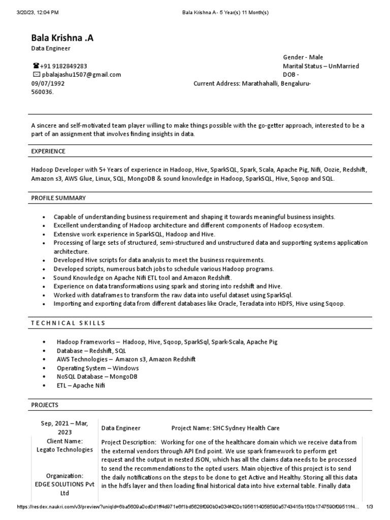 Bala Krishna A - 5 Year(s) 11 Month(s) | PDF | Apache Hadoop | Apache Spark