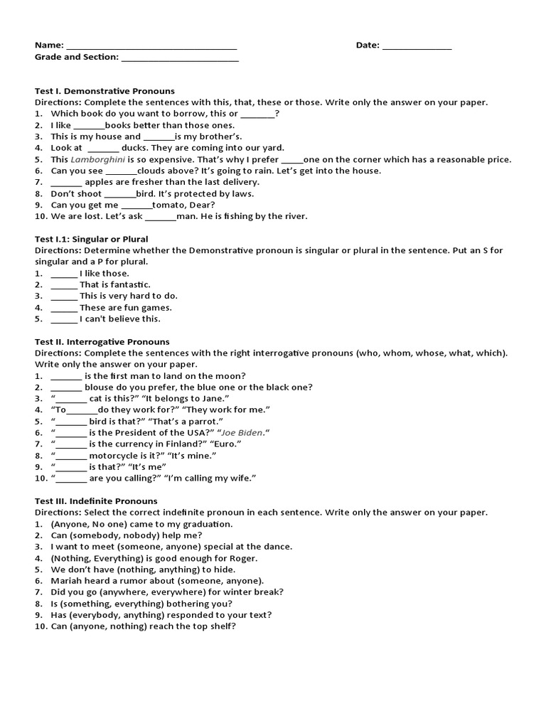 Types of Pronouns Long Quiz | PDF | Pronoun | Syntax