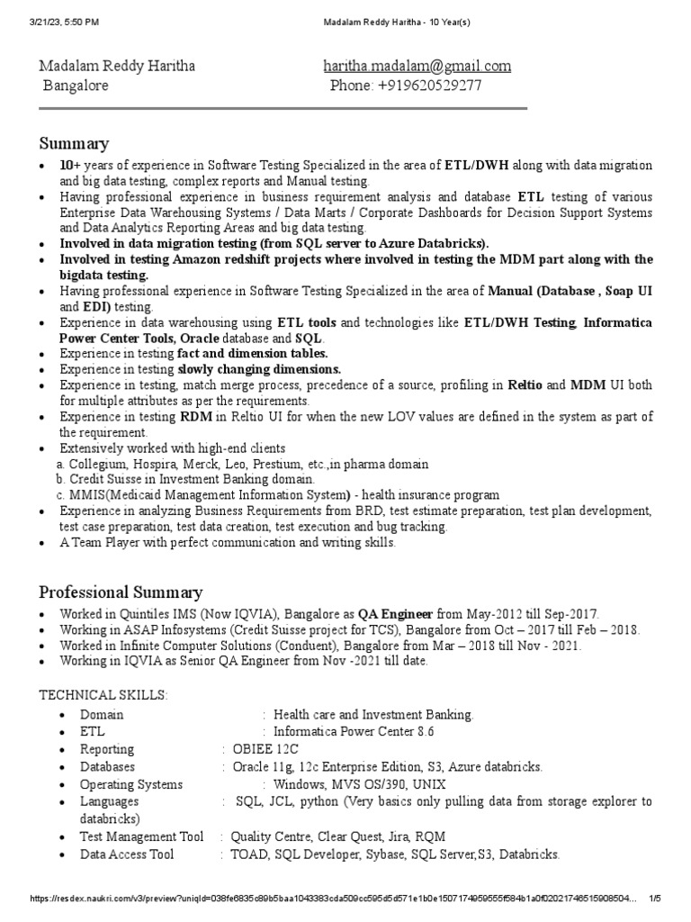 Madalam Reddy Haritha - 10 Year(s) | PDF | Data Warehouse | Databases