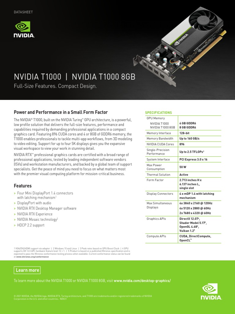 Nvidia t1000 Datasheet 1987414 r4 | PDF | Graphics Processing Unit | Computing