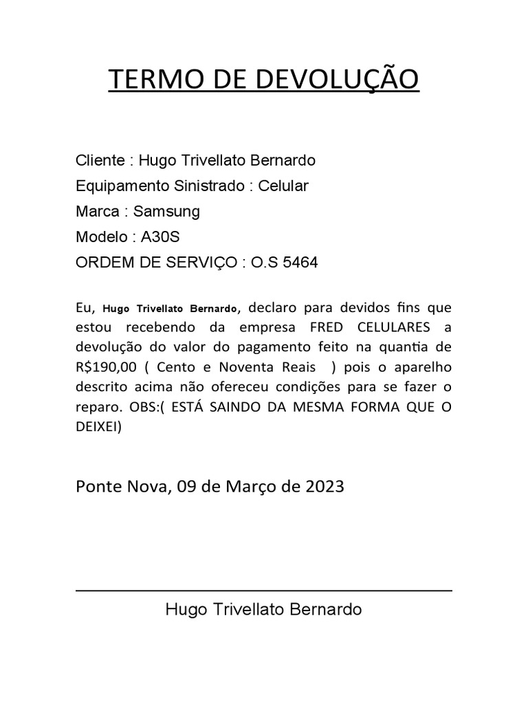 Modelo De Termo De Compromisso Simples/modelo De Termo De Entrega De ...