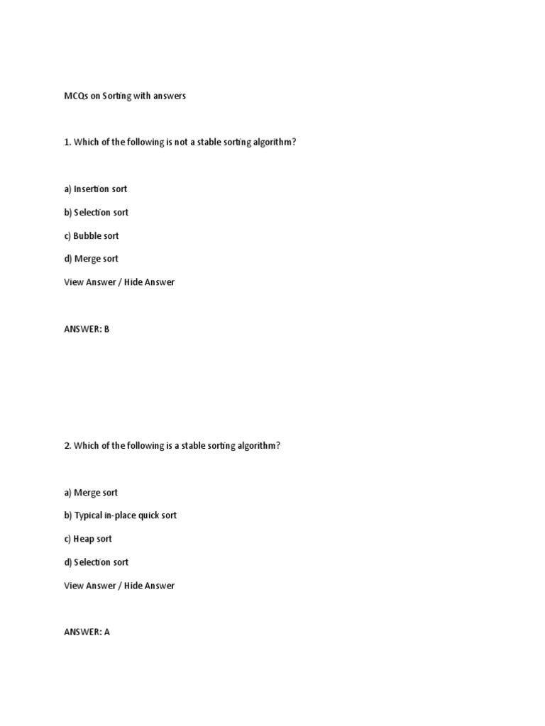 Mcqs On Sorting Algorithms With Answers Pdf Time Complexity Algorithms 4660