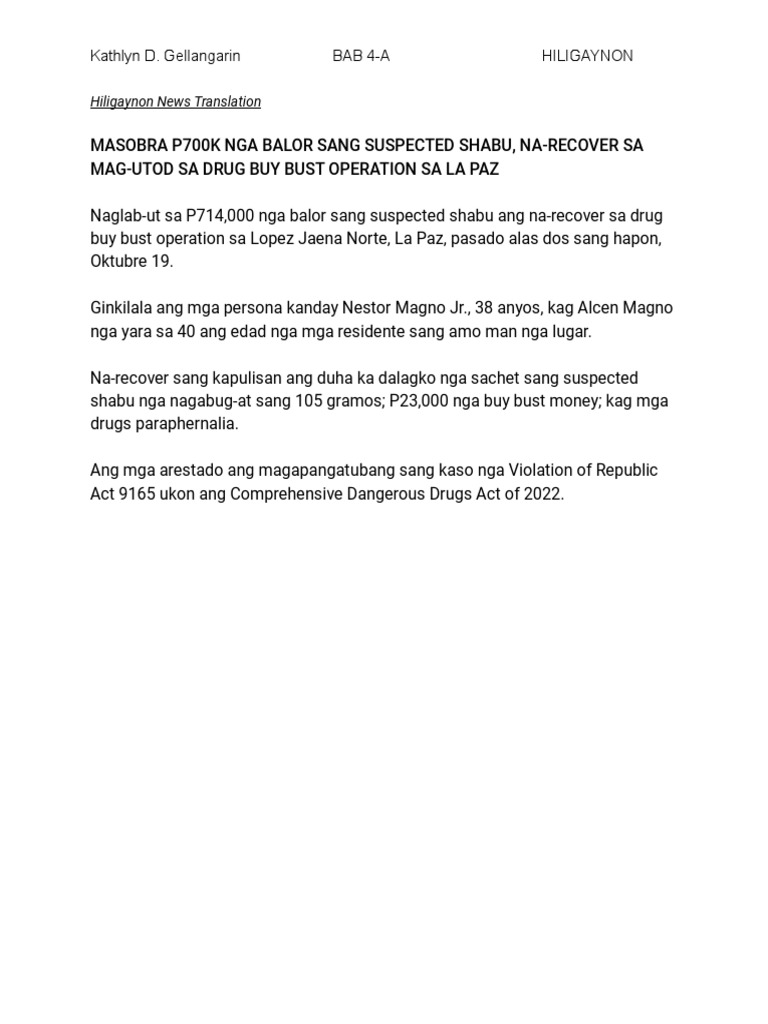 Hiligaynon News on Drug Bust Operation | PDF | Self-Improvement