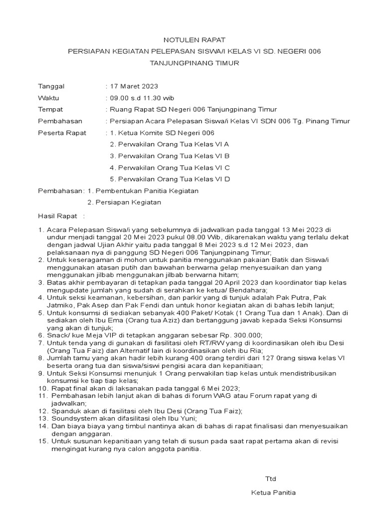 Notulen Rapat Perpisahan Kelas Vi | PDF