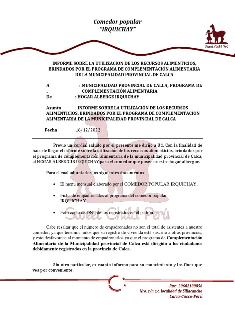 Informe Del Comedor de La Asociacion Niños Alto Andinos | PDF | Sopa | Vegetales
