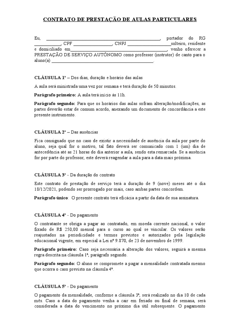 Contrato de Prestação de Aulas Particulares | PDF