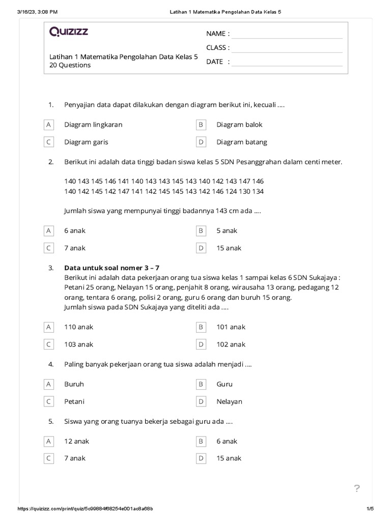 Latihan 1 Matematika Pengolahan Data Kelas 5 | PDF