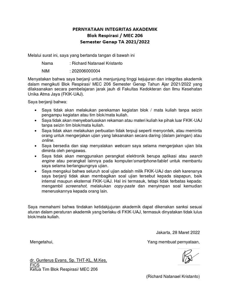 Richard Natanael Kristanto - 202006000004 - Pakta Integritas PDF | PDF