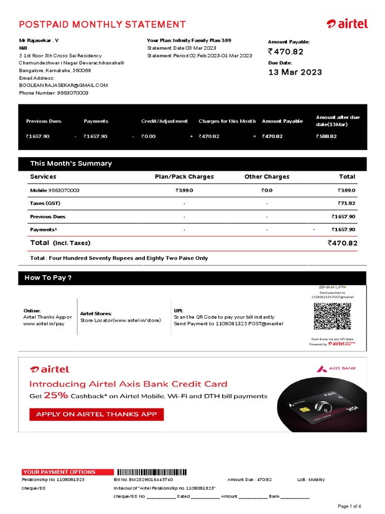 Postpaid Bill 9663070003 BM2329I016445740 | PDF | Payments | Cheque