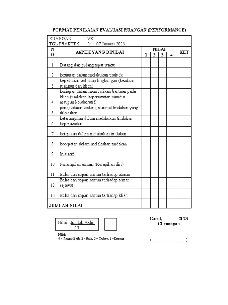 Format Penilaian Evaluasi Ruangan | PDF