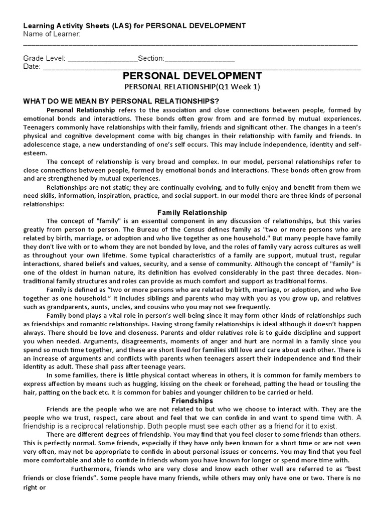Learning Activity Sheets Personal Development Q1 | PDF | Family ...