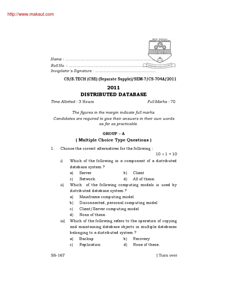 Btech Cse 7 Sem Distributed Database v2 2011 PDF | PDF | Databases | Computer Data