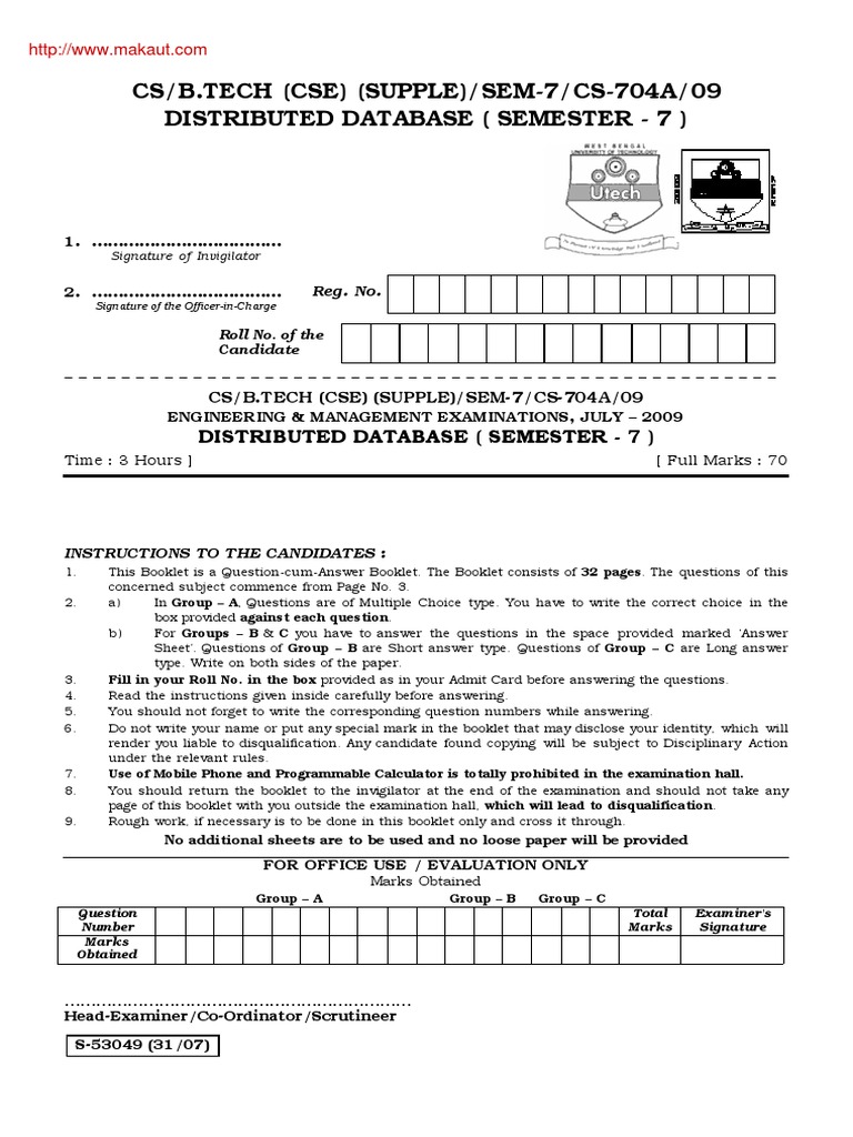 Btech Cse 7 Sem Distributed Database v2 2009 PDF | PDF