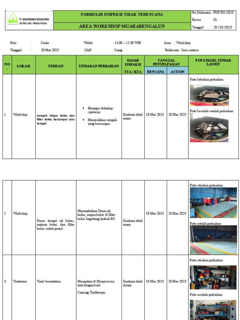 Formulir Inspeksi Workshop Muarabengalun | PDF