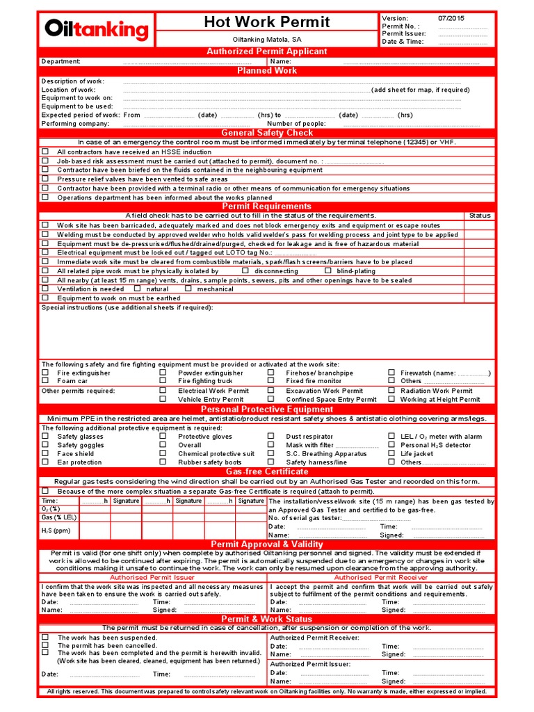 D.06 - Hot Work Permit Form | PDF | Personal Protective Equipment ...