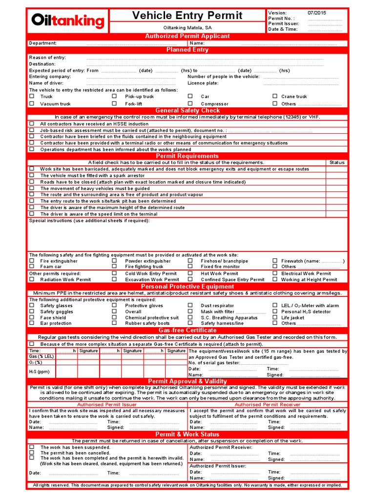 D.09 - Vehicle Entry Permit Form | PDF | Personal Protective Equipment ...