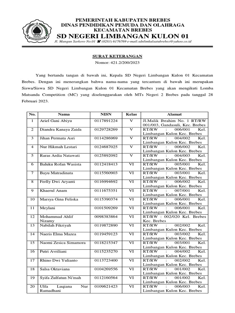 Surat Keterangan Lomba MTS 2023 - SDN Limbangan Kulon 01 | PDF
