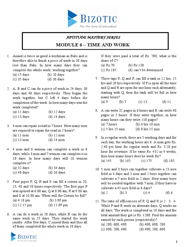 Time and Work Problem Set Solutions | PDF