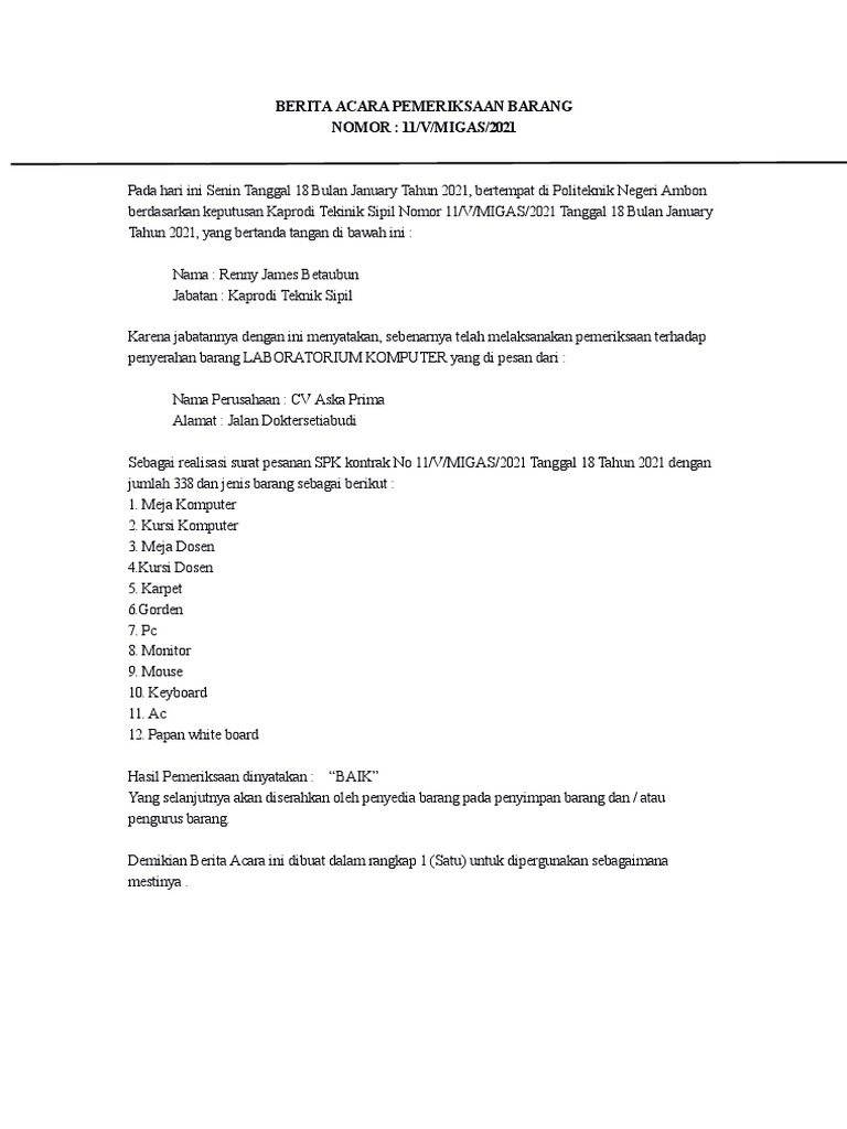 BA Pemeriksaan Barang | PDF