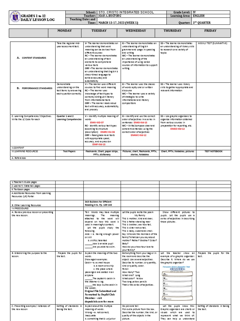 DLL - English 4 - Q3 - W5 | PDF | Learning | Educational Assessment DLL - English 4 - Q3 - W5 | PDF | Learning | Educational Assessment