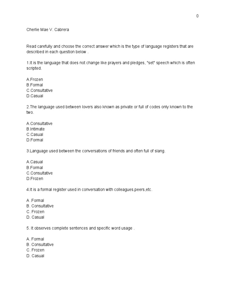 Types of Language Registers Explained | PDF | Multiple Choice ...