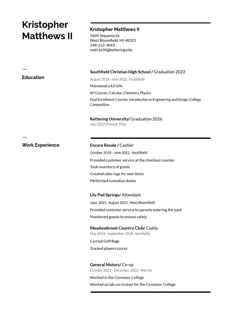 Resume Kristopher Matthews II 1 | PDF | Educational Stages | Youth