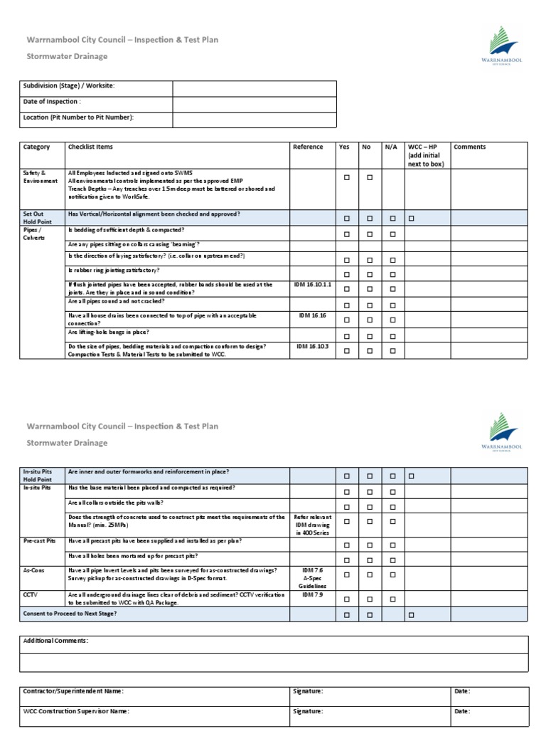 Stormwater Drainage Inspection Checklist | PDF | Precast Concrete ...