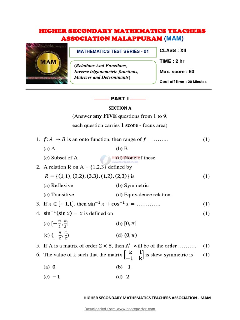 HSSRPTR - 1.MAM TEST SERIES-TEST 1 PDF | PDF | Matrix (Mathematics ...