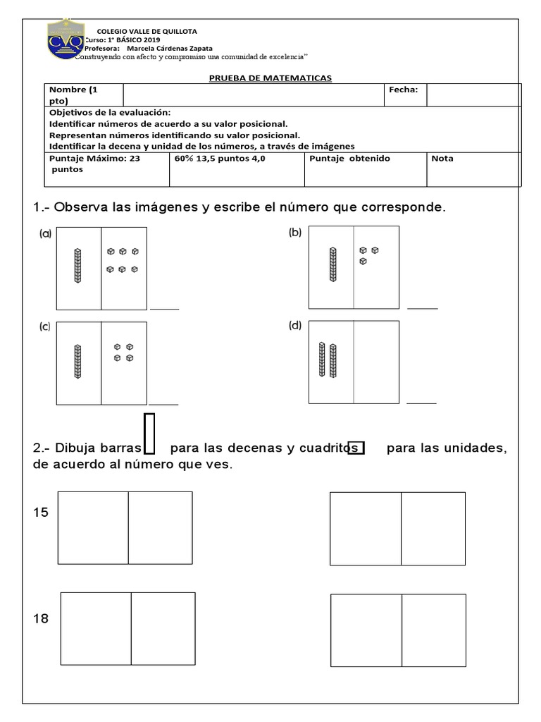 Prueba Matematicas Valor Posicional Al 20 | PDF