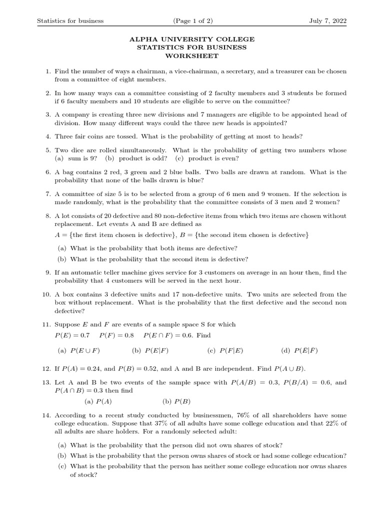 Stat Worksheet Alpha PDF | PDF | Standard Deviation | Normal Distribution